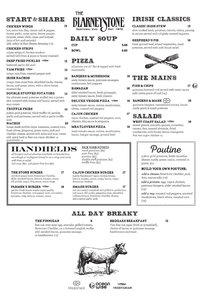 ‘Dine In’ Menu - The Blarney Stone